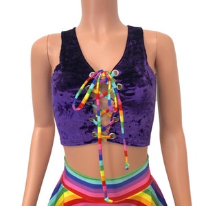 Lace-up Crop Top *purple Crushed Velvet & Rainbow* Corset Top - Rave ...