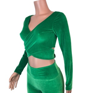 Long Sleeve Crop Wrap Top - *kelly Green Velvet* - Rave Clothing ...