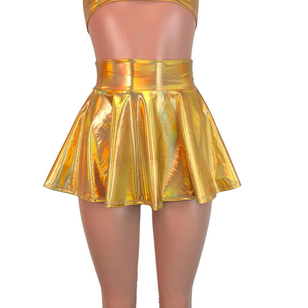 Holographic Mini Skirt - 13" Gold High Waisted Skater Skirt ...