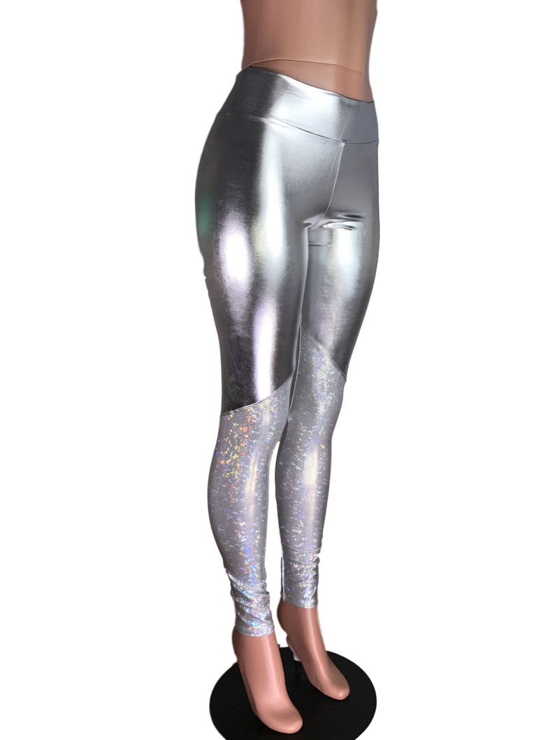Metallic Silver and Shattered Glass Mid-rise Leggings Pants - Rave ...