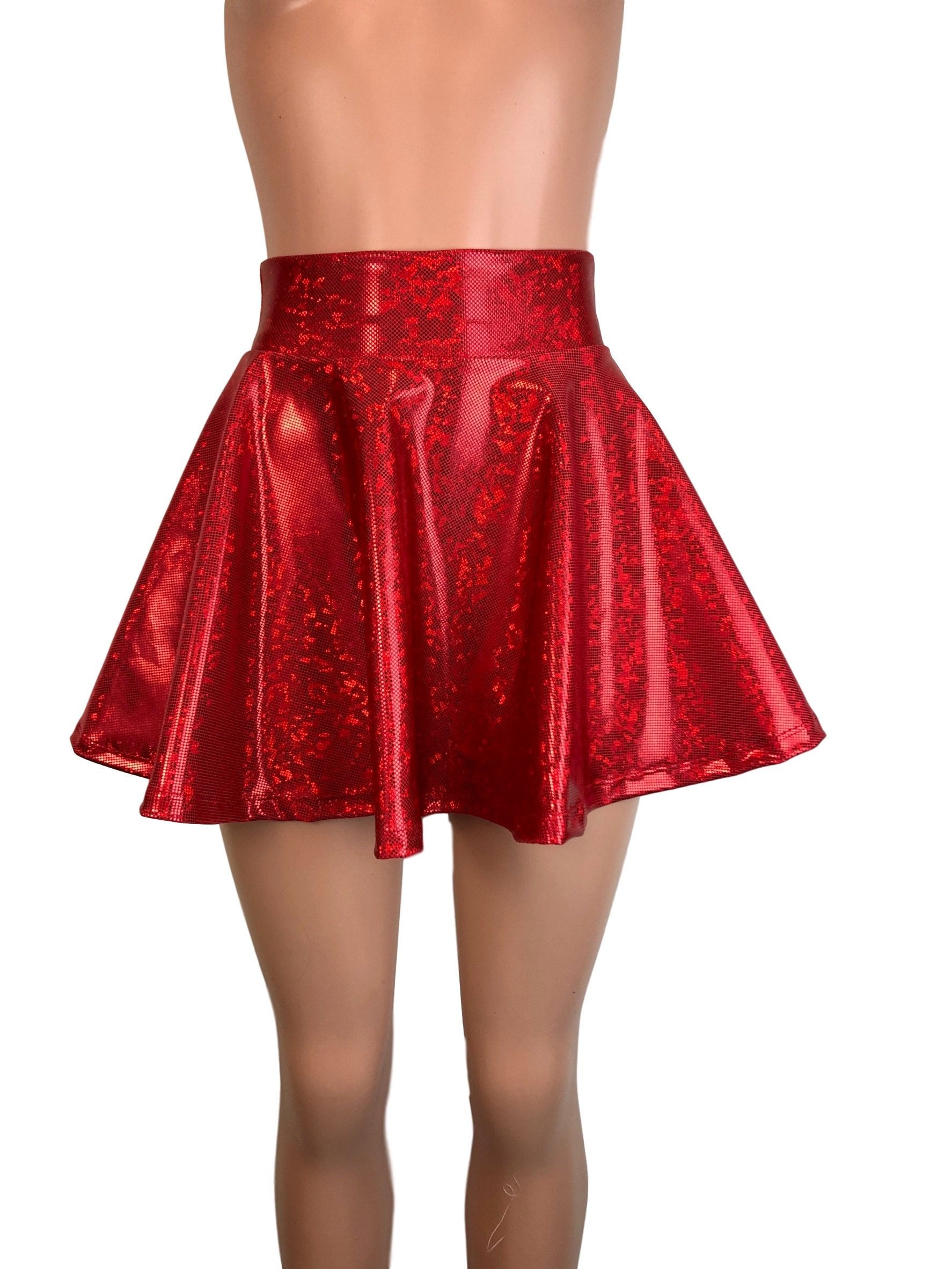 Red Shattered Glass Holographic High Waisted Skater Skirt Red Shattered Glass Holographic High Waisted Skater Skirt