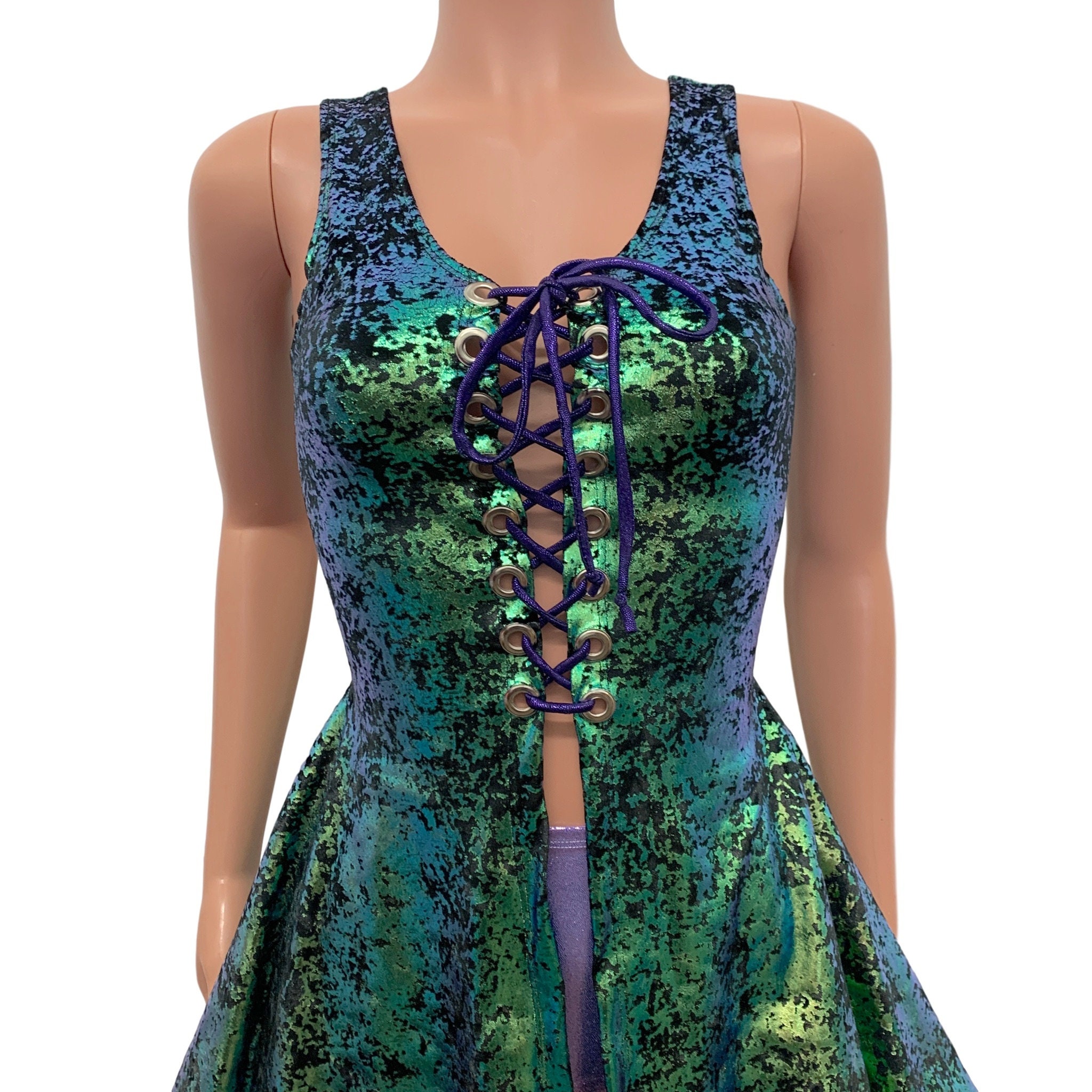 Lace-up Open-front Dress - Green on Black Gilded Velvet | Rave Dress ...