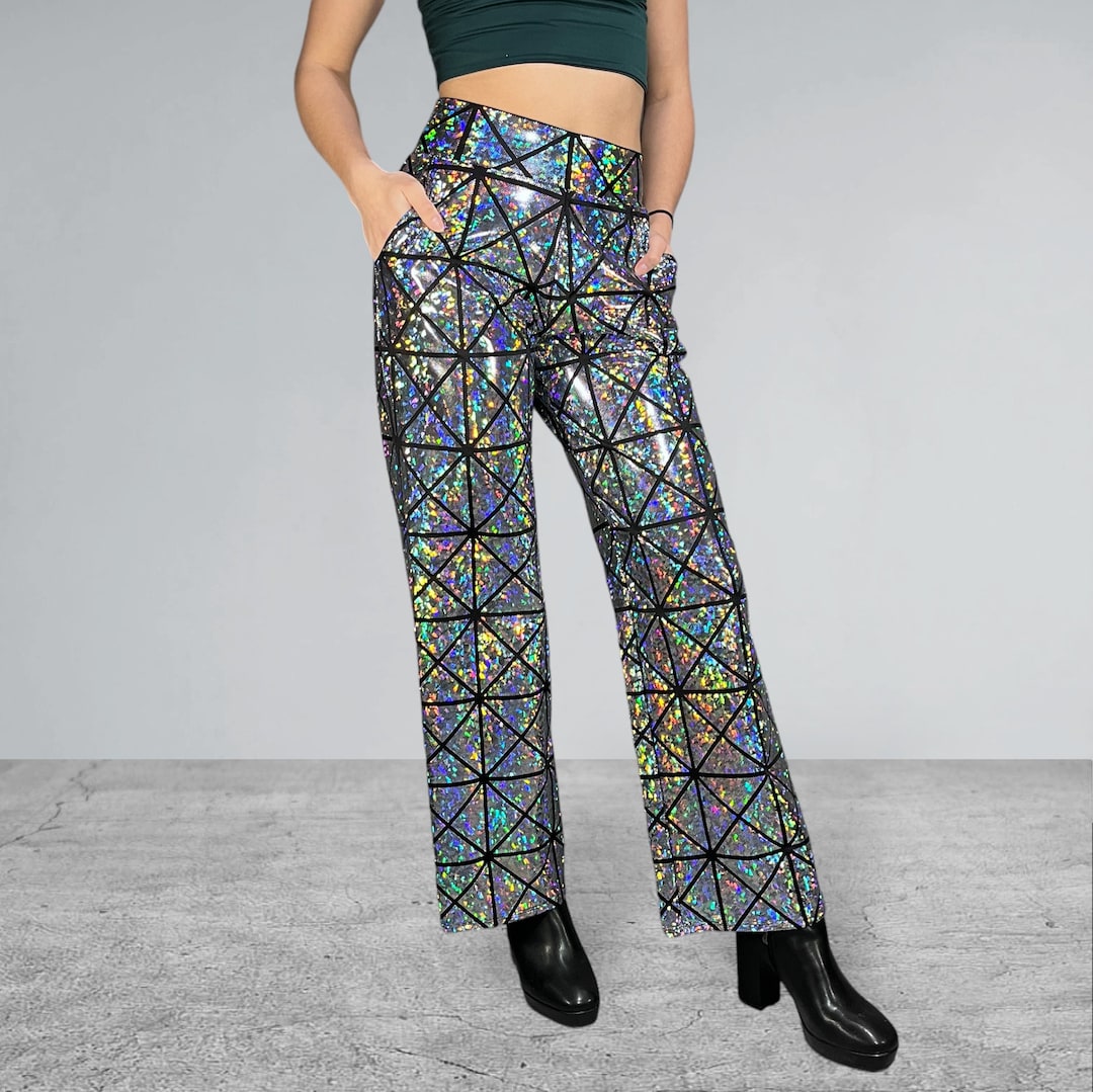 Silver Glass Pane Holographic Wide Leg Pants - Optional Pockets ...