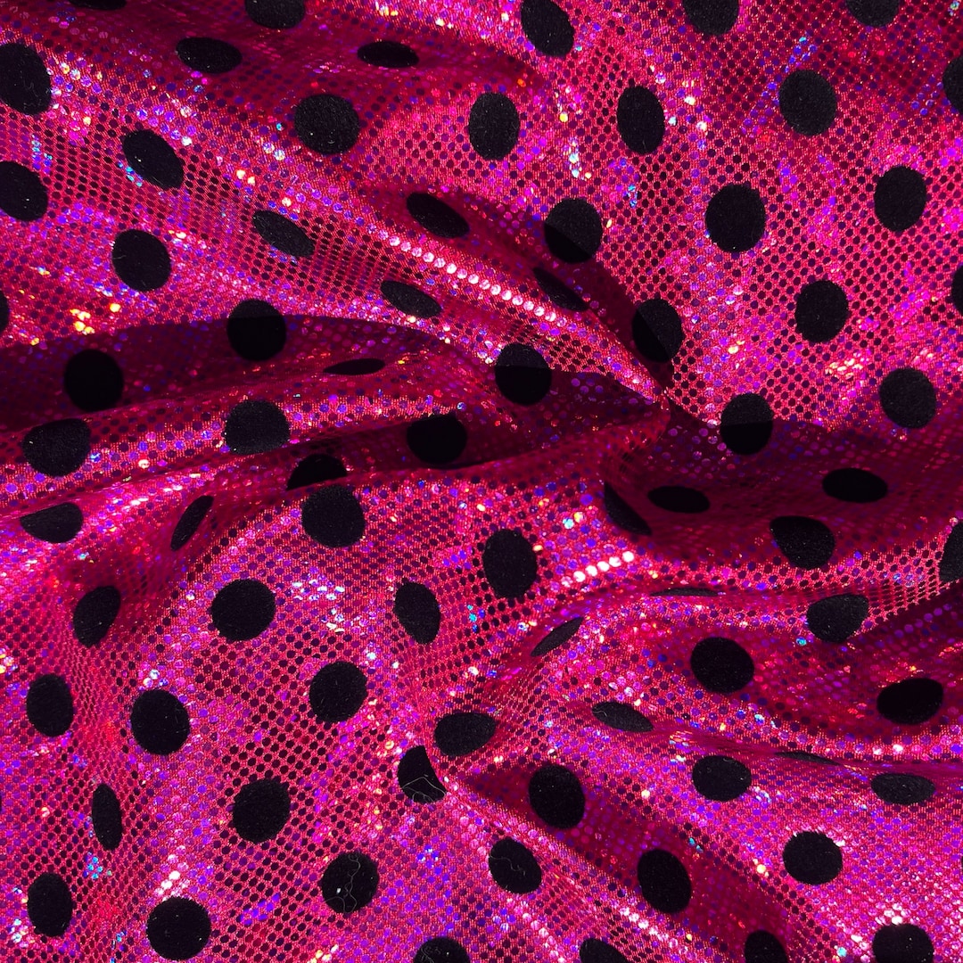 Pink & Black Polka Dot Holographic Shattered Glass Nylon Spandex Fabric ...