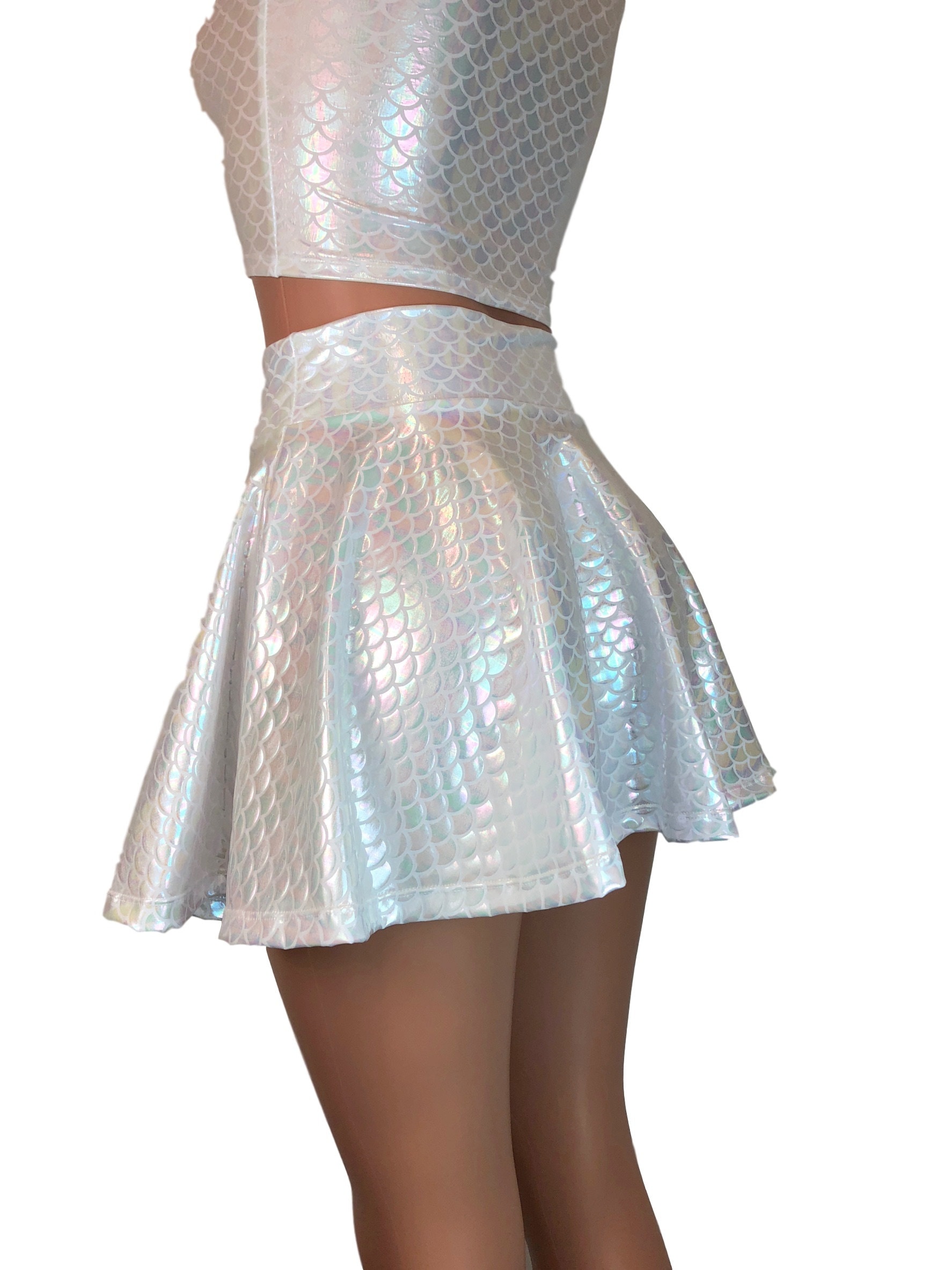 White Iridescent Mermaid Scales Holographic High Waisted Skater Skirt ...