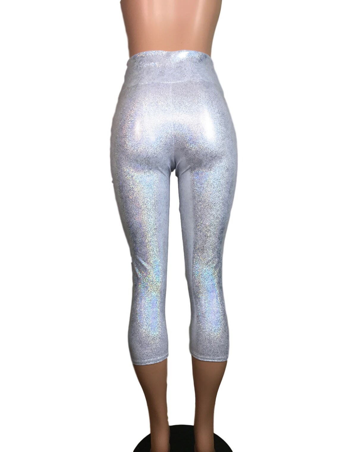 Silver Holographic Cropped Capri Leggings Pants - Yoga, Rave, Festival ...