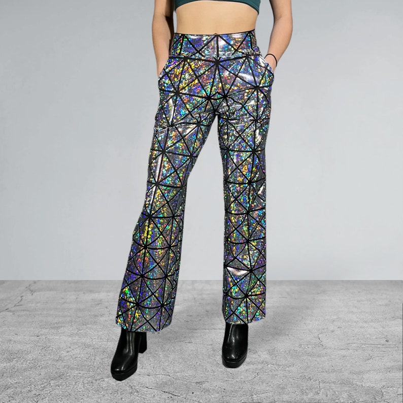 Silver Glass Pane Holographic Wide Leg Pants - Optional Pockets ...
