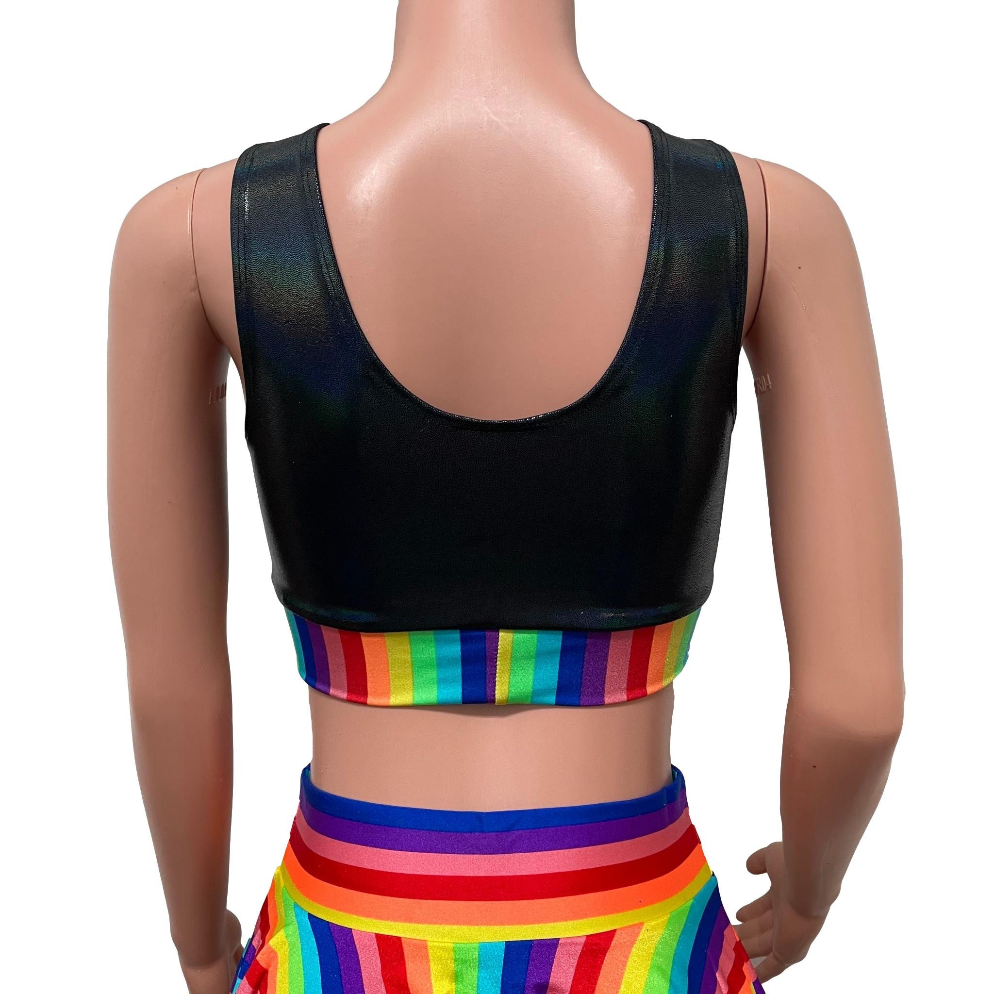 Banded Scrunch Crop Tank - Rainbow Stripe & Black Holographic | Rave ...