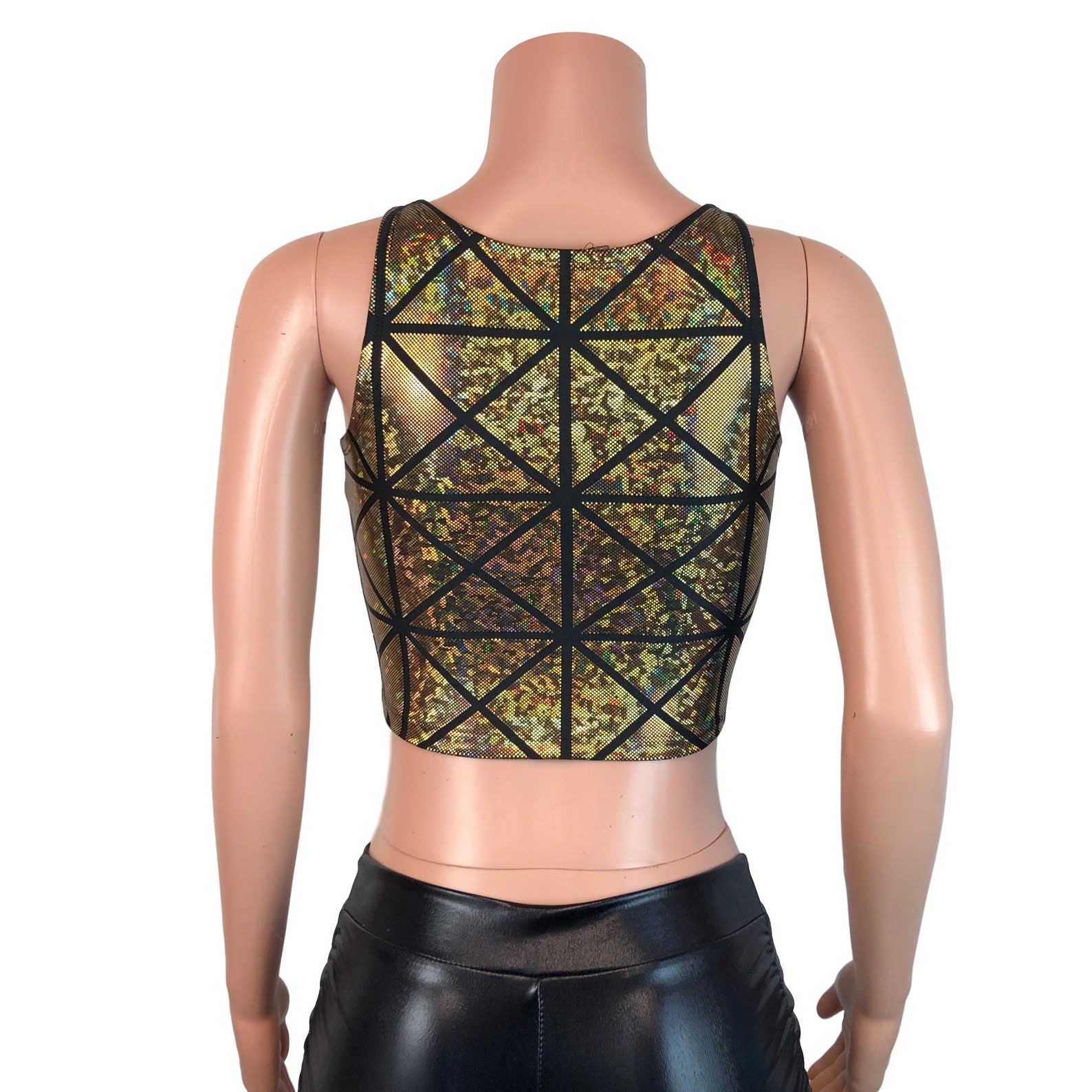 Gold Glass Pane Holographic Mesh Inset Crop Top - Rave Clothing ...