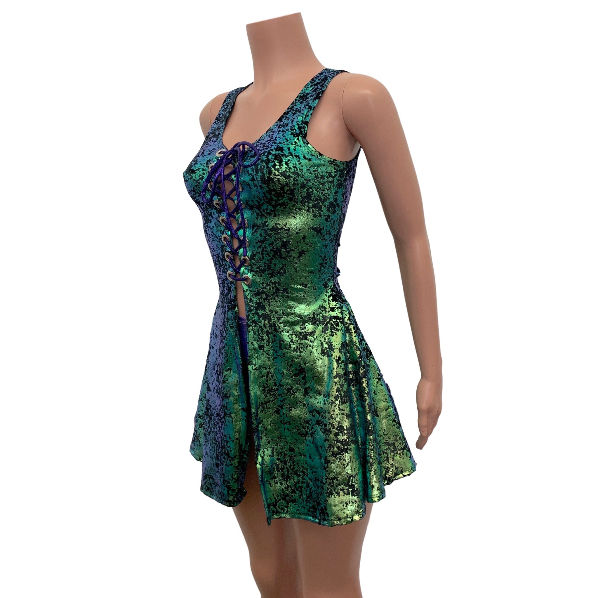 Lace-up Open-front Dress - Green on Black Gilded Velvet | Rave Dress ...