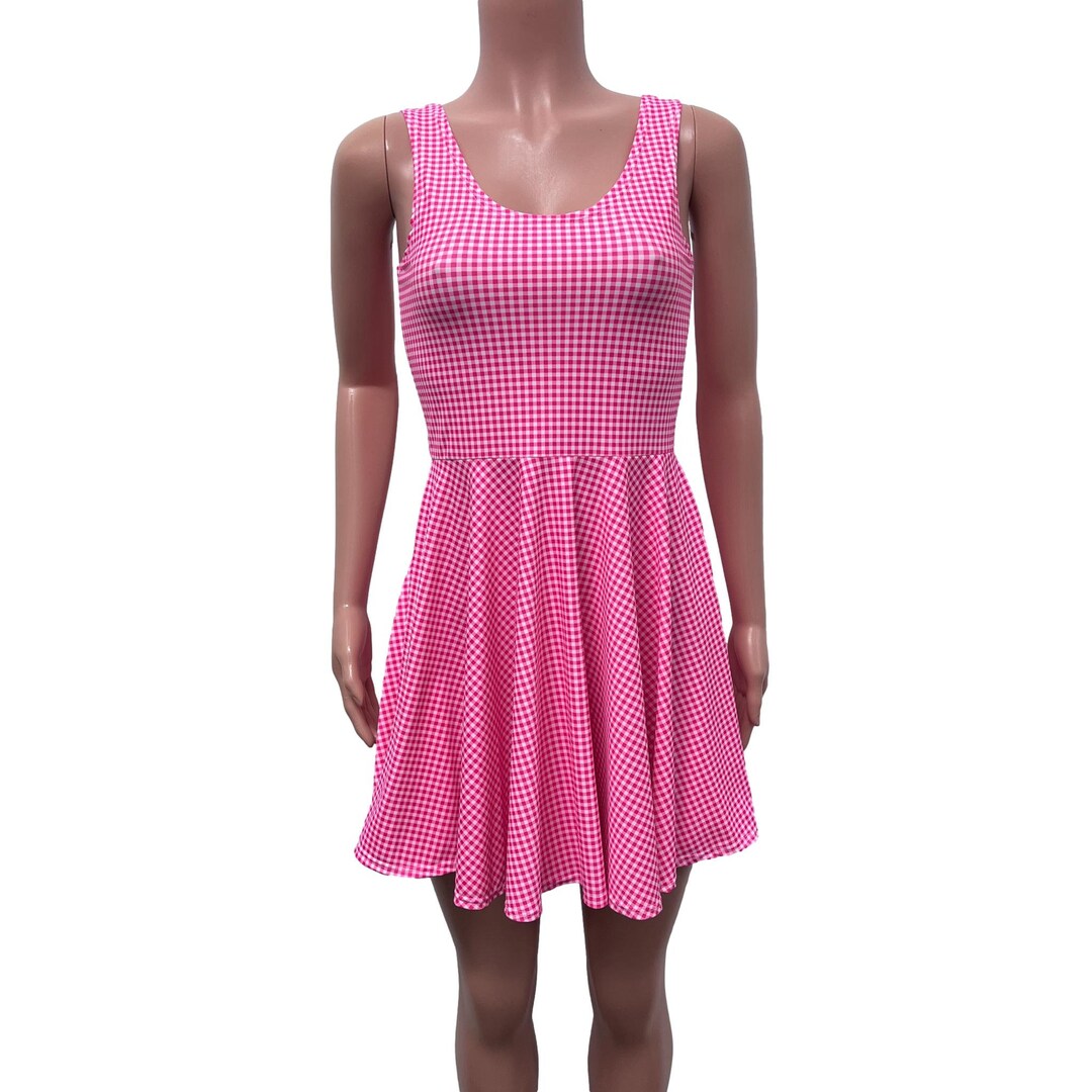 Pink Plaid Gingham Barbie Skater Dress | Pink Checkered Spandex Dress ...