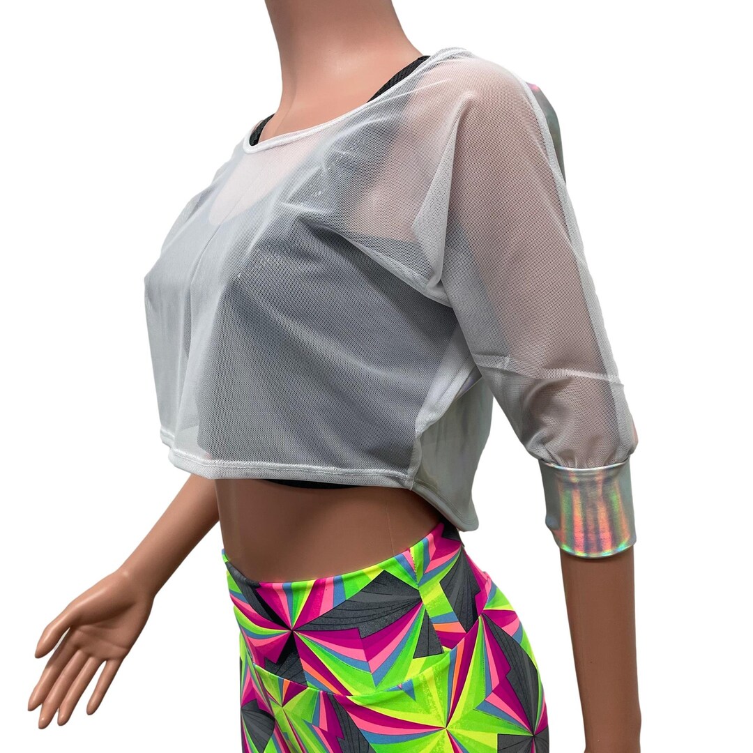 Dolman Crop Top in Opal Holographic and White Mesh | Loose Tee Rave Top ...