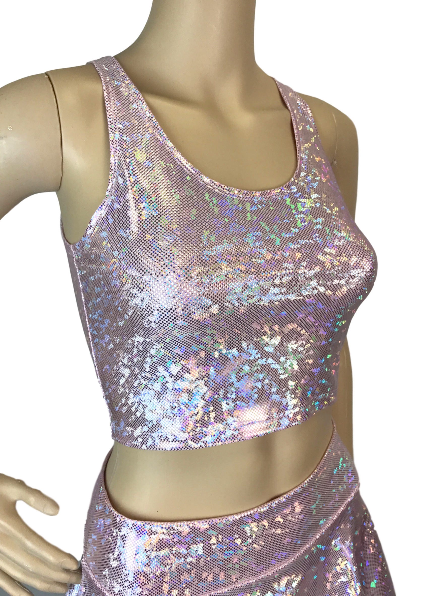 Blush Pink Shattered Glass Holographic Crop Top Tank Bodycon | Etsy