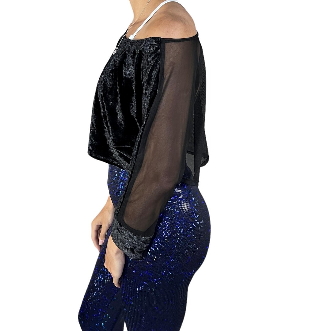 Dolman Crop Top in Black Crushed Velvet and Black Mesh | Loose Tee Rave ...
