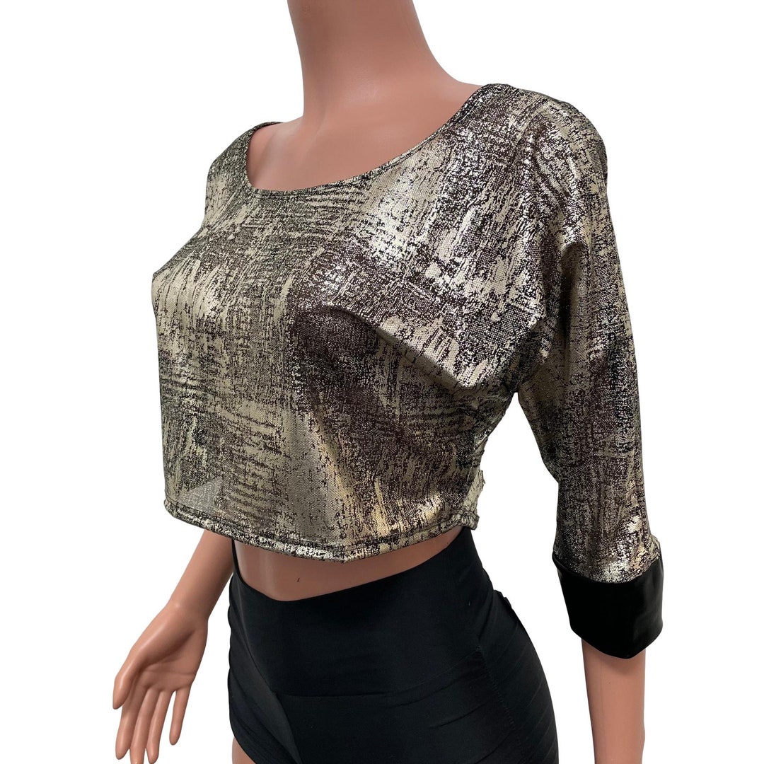 Dolman Crop Top in Black/gold Mesh Sheer Loose Tee Rave Top Festival ...