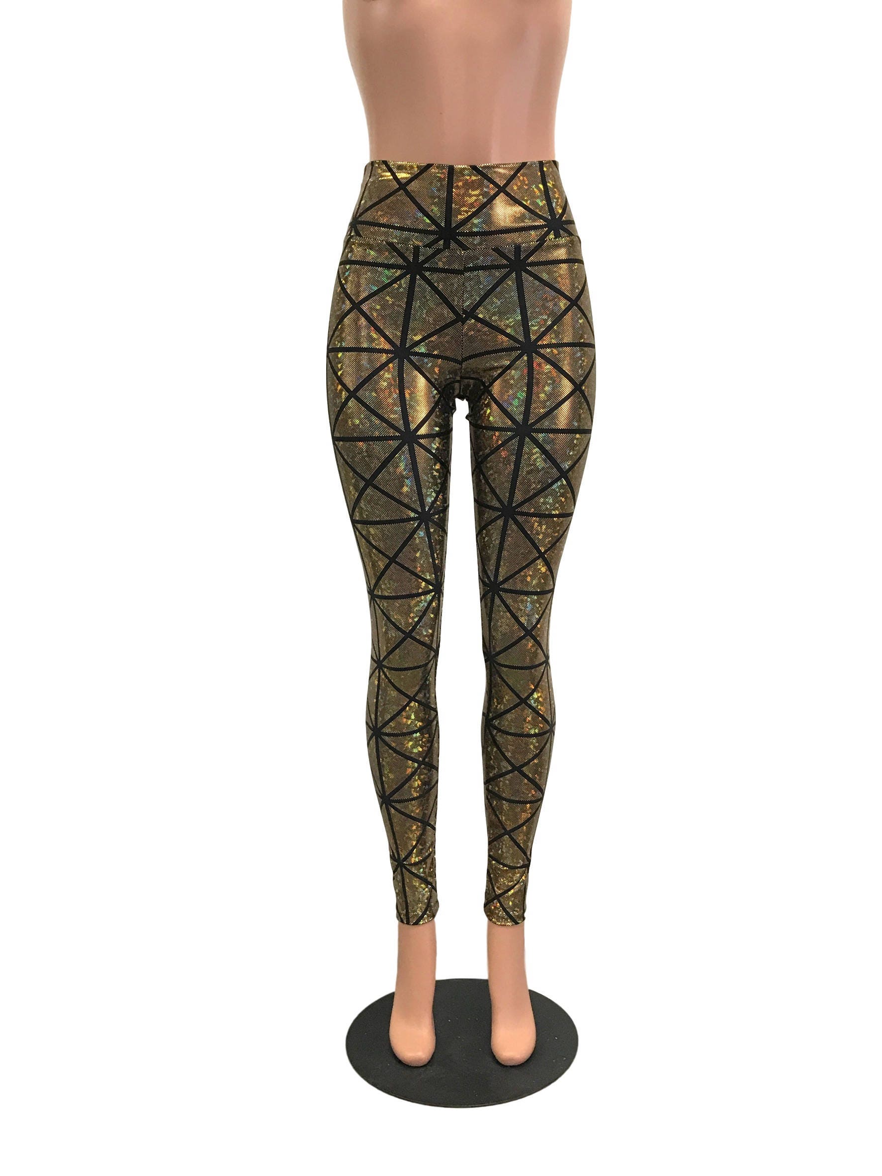 Gold Window Pane Shattered Glass Holographic Leggings Pants - Rave ...