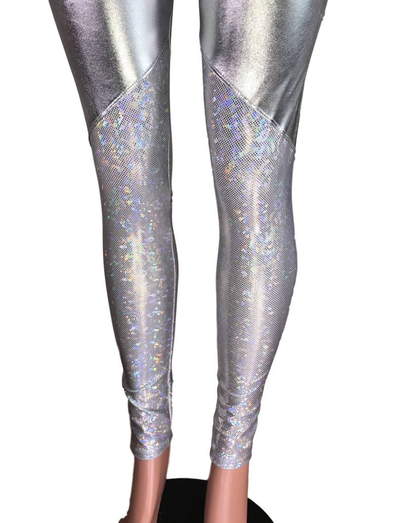 Metallic Silver and Shattered Glass Mid-rise Leggings Pants - Rave ...