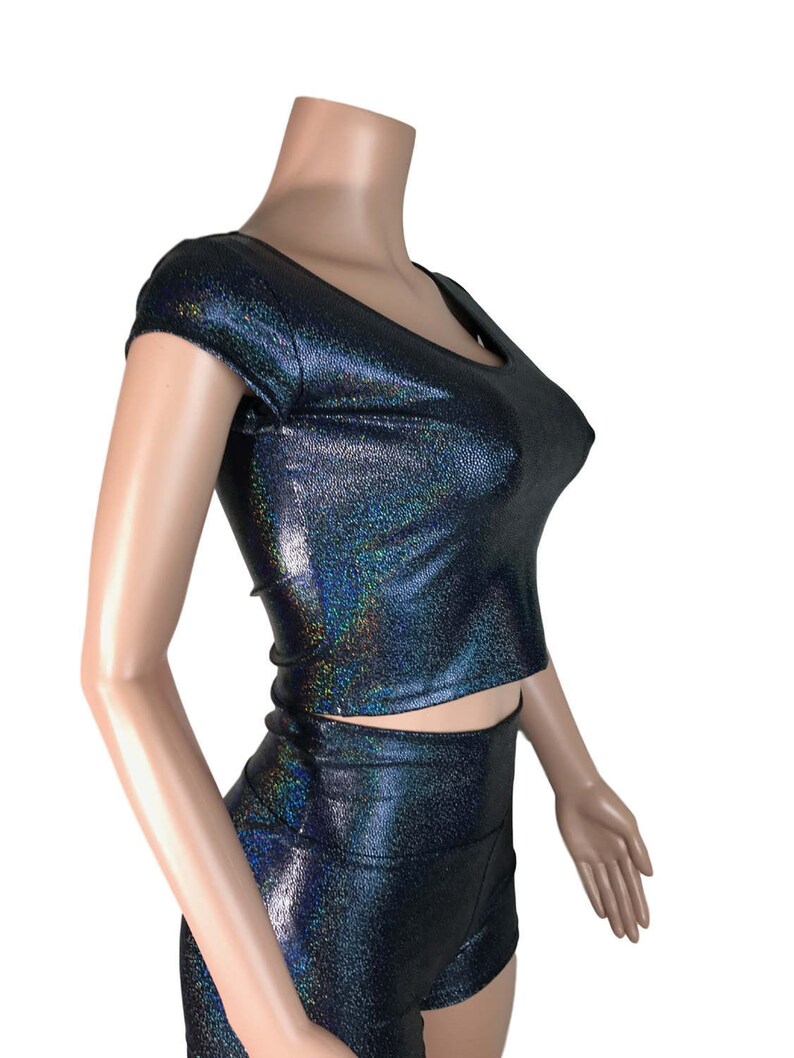 Black Hologram Metallic Cap Sleeve Crop Top - Bodycon Clubwear, Rave ...