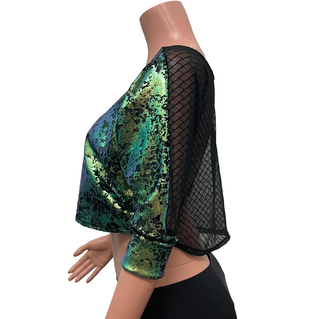 Dolman Crop Top in Green Gilded Velvet and Vixen Mesh | Loose Tee Rave ...