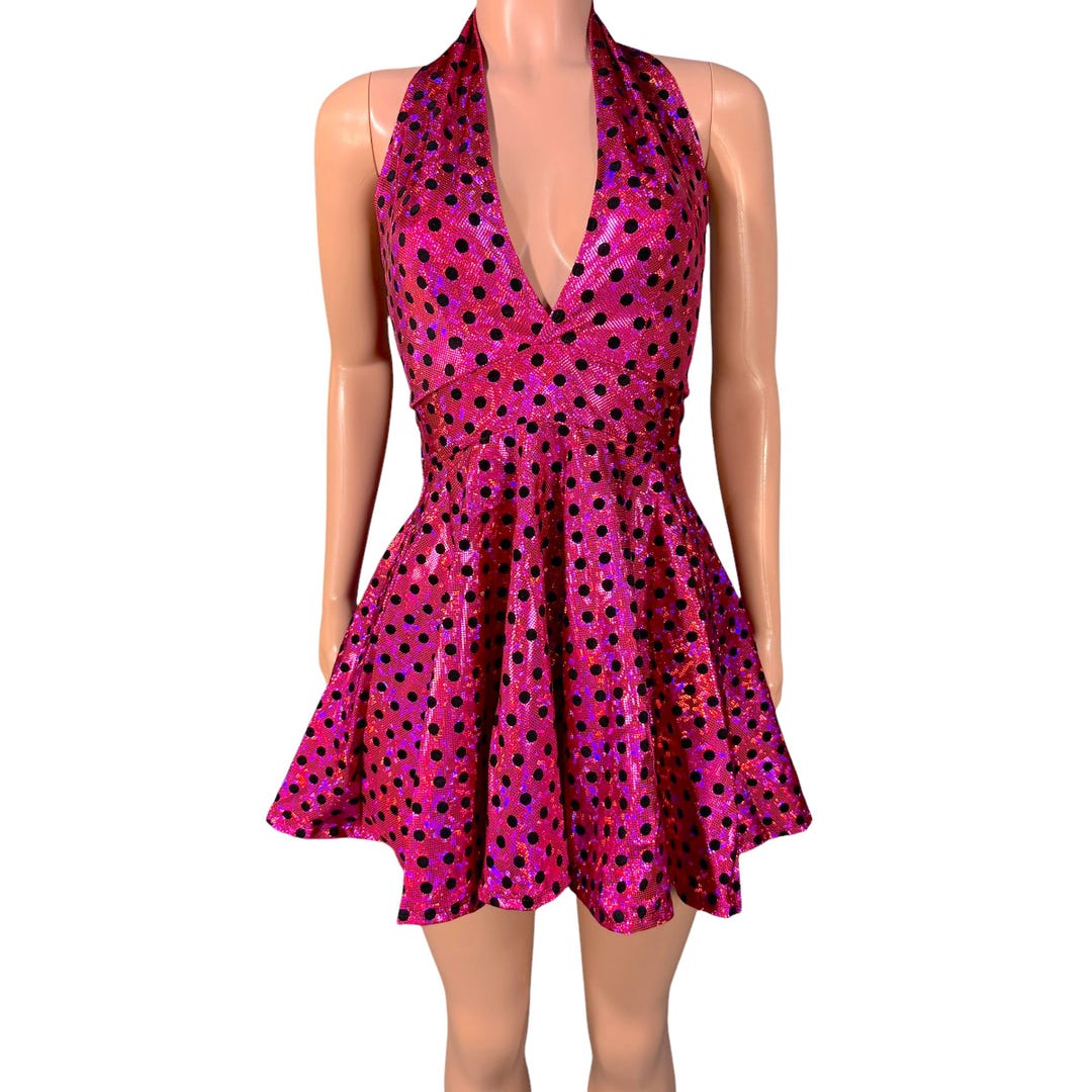 Marilyn Halter Skater Fit N Flare Dress in Pink & Black Polka Dot Holo ...