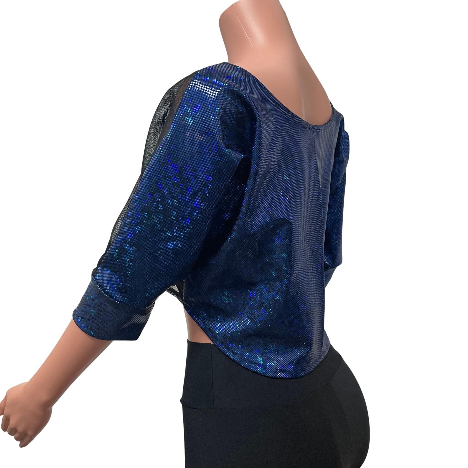 Dolman Crop Top in Black Mesh and Blue Holographic Shattered Glass ...