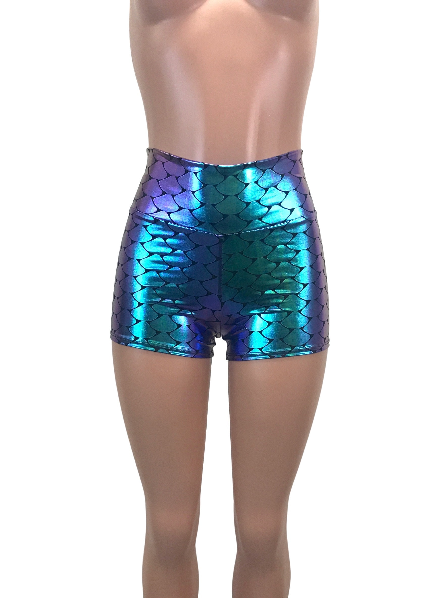 Holographic Mermaid Scales High Waisted Booty Shorts - Festival or Rave ...