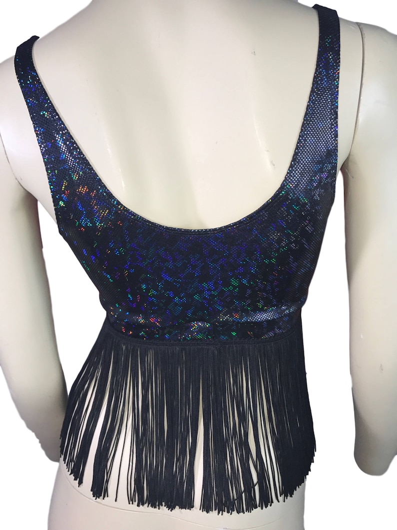 Black Holographic Fringe Crop Top Bralette - Rave Wear, Festival Top ...