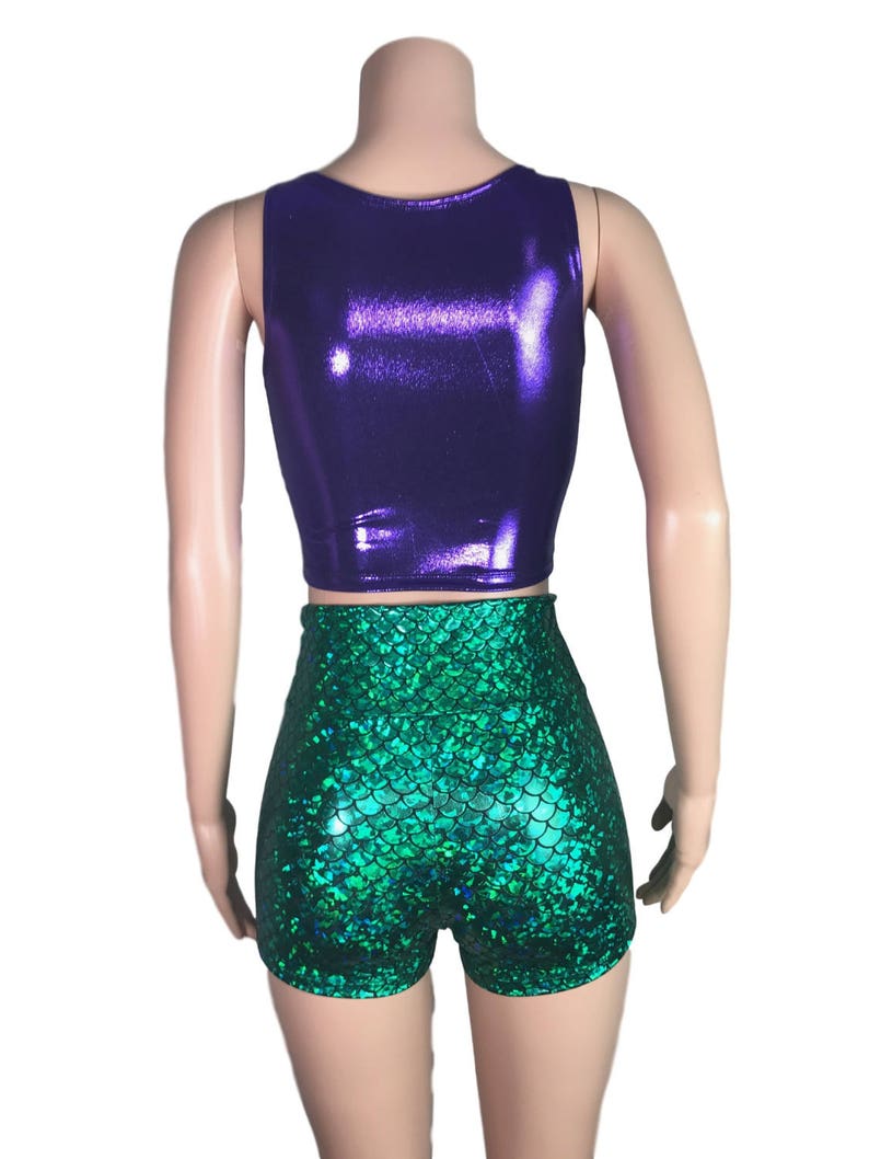 Mermaid Costume - Green Mermaid Scales Booty Shorts and Purple Crop Top ...