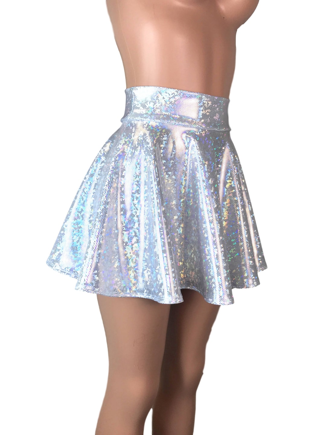 Holographic High Waisted Skater Skirt - Silver Shattered Glass Mini ...