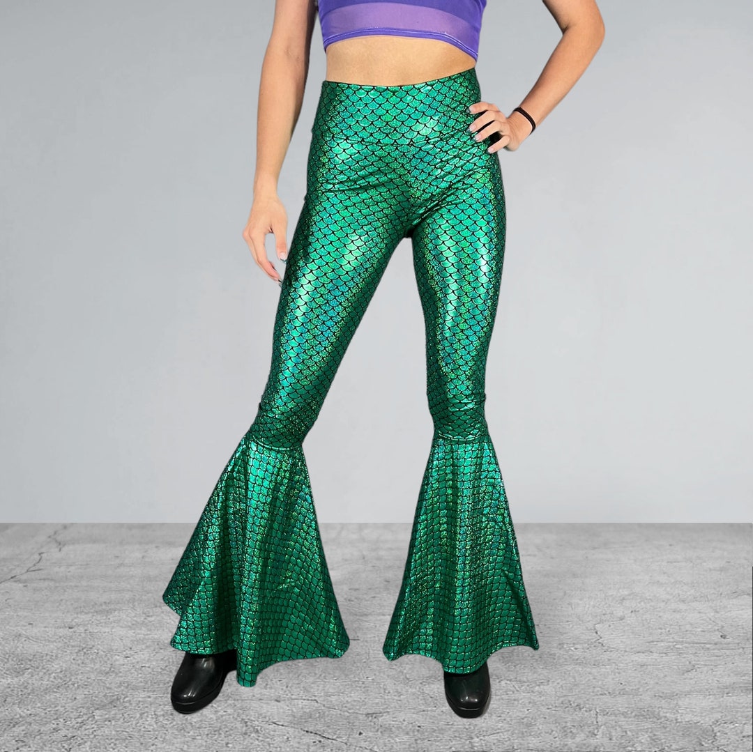 Mermaid Bell Bottoms - Green Metallic Scales Pants - High-waisted ...