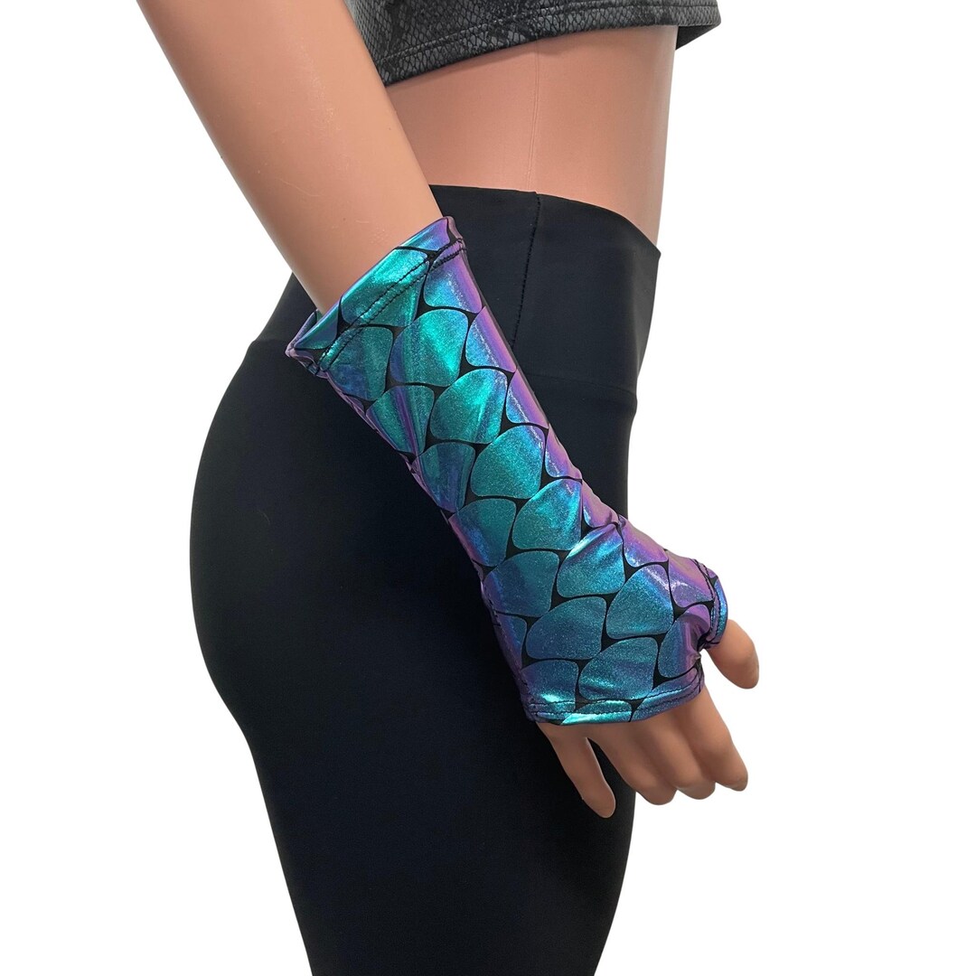 Fingerless Gloves in Mermaid Holographic Spandex | Arm Sleeves | Rave ...