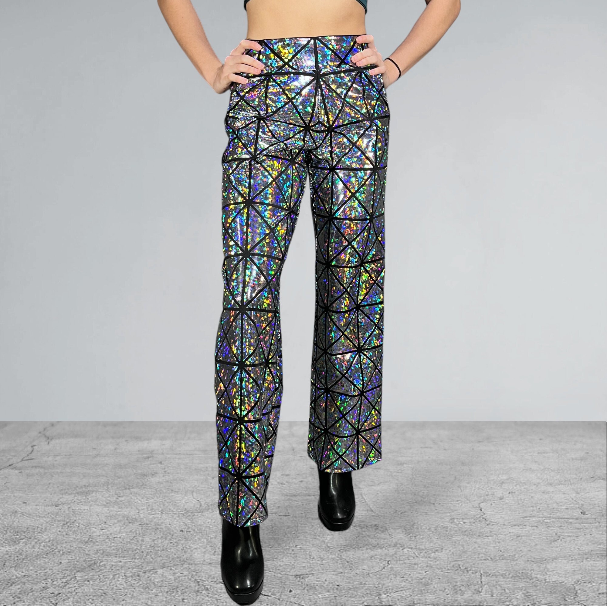 Silver Glass Pane Holographic Wide Leg Pants - Optional Pockets ...