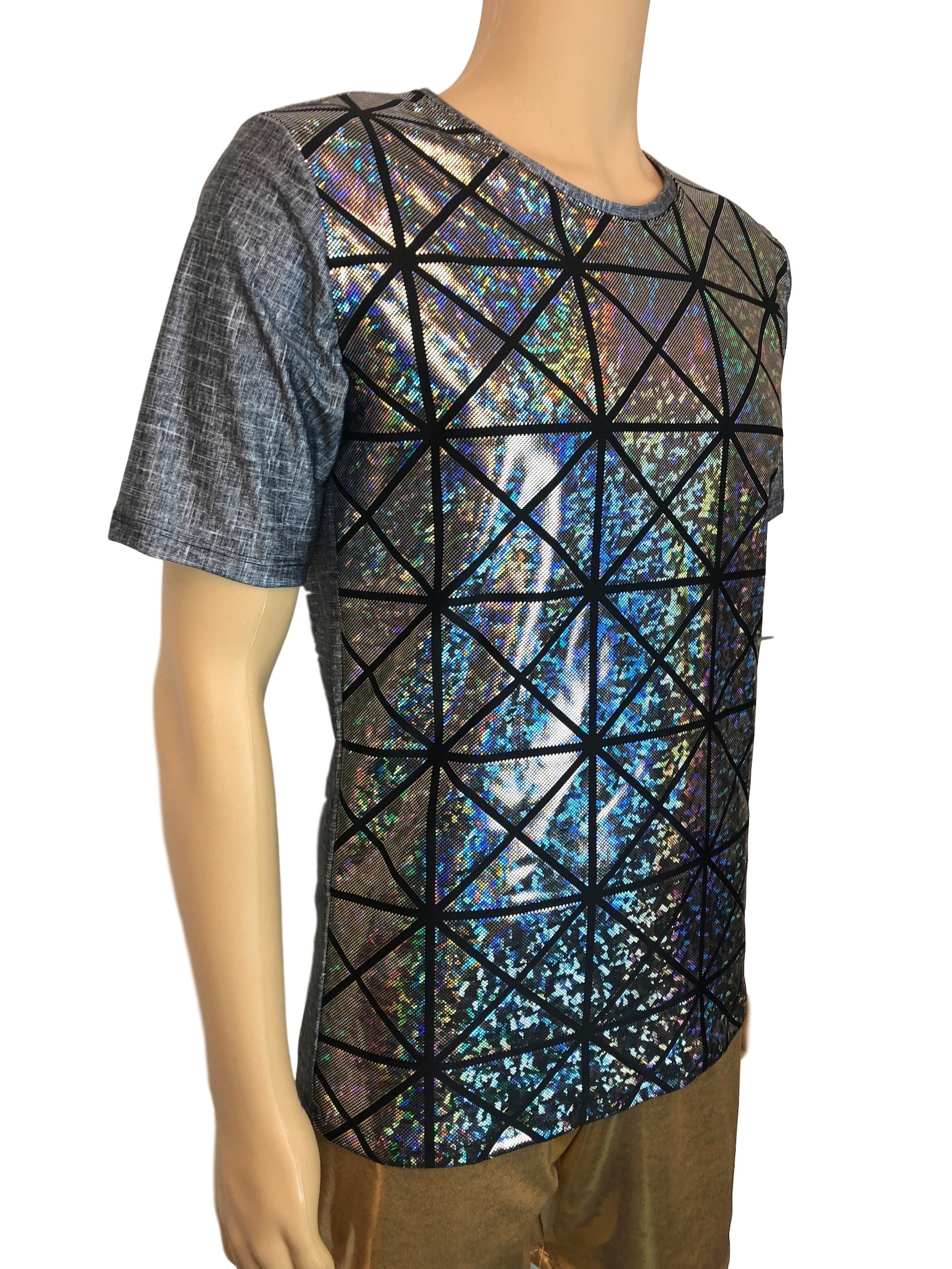 Men's Holographic Tee or T-shirt, *linen Print* W/silver Glass Pane ...