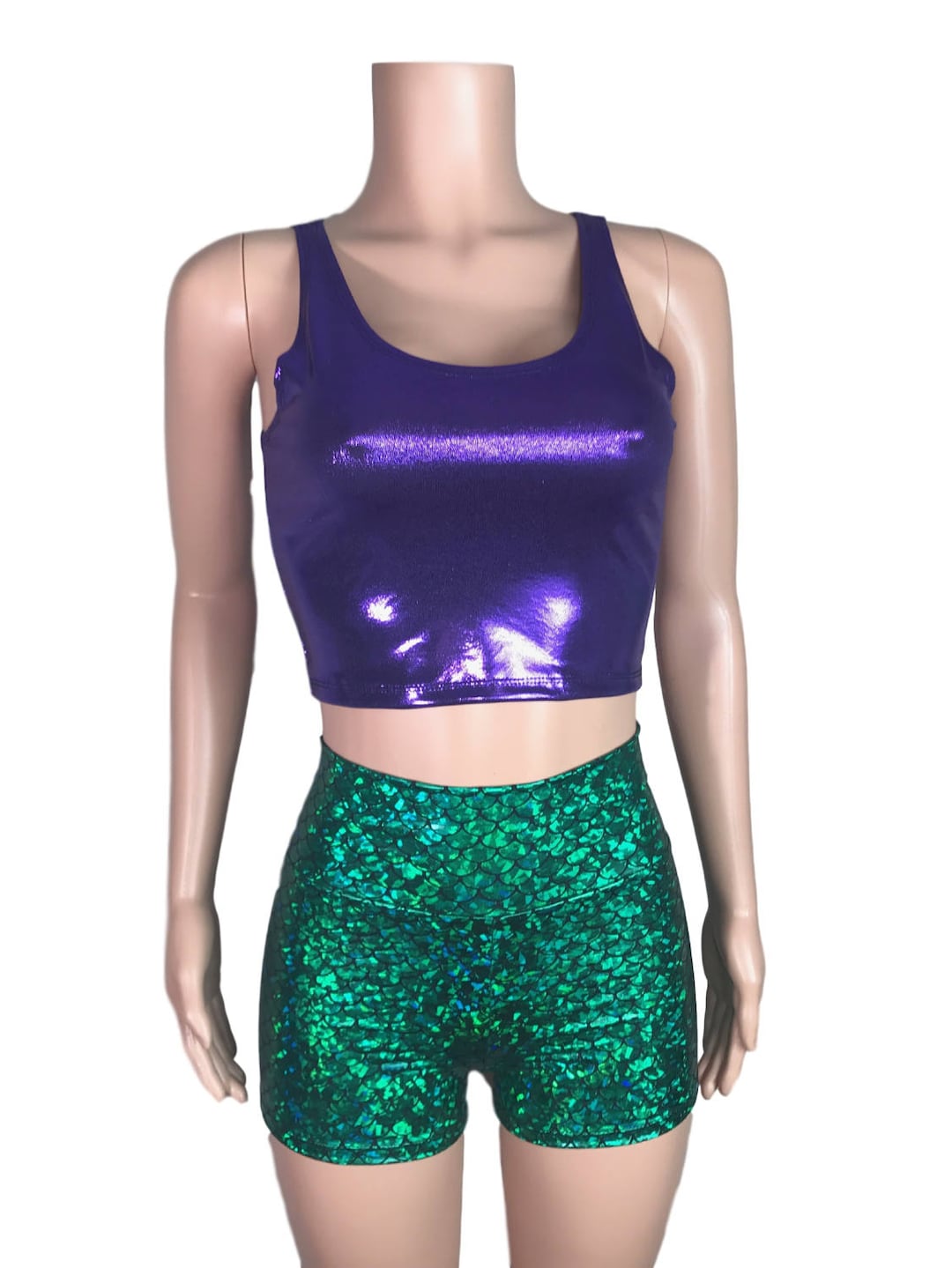 Mermaid Costume - Green Mermaid Scales Booty Shorts and Purple Crop Top ...