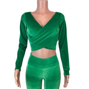 Long Sleeve Crop Wrap Top - *kelly Green Velvet* - Rave Clothing ...