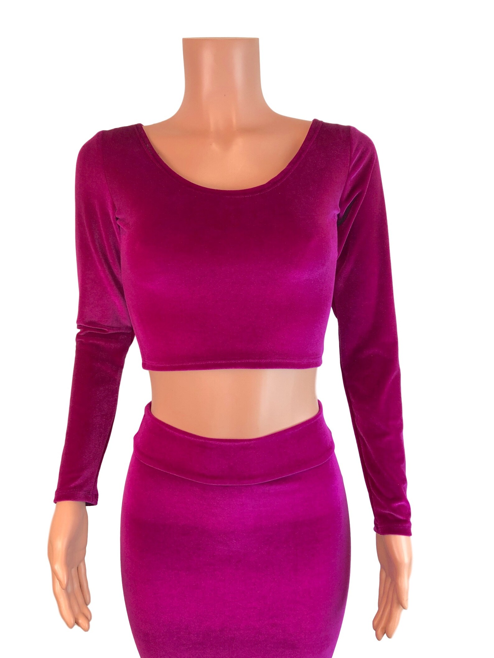 Fuschia Pink Velvet Long Sleeve Crop Top Bodycon Clubwear | Etsy