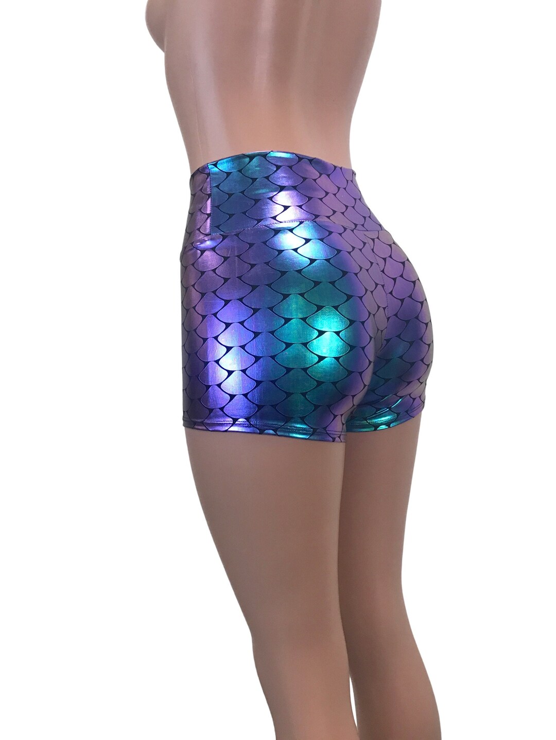 Holographic Mermaid Scales High Waisted Booty Shorts - Festival or Rave ...