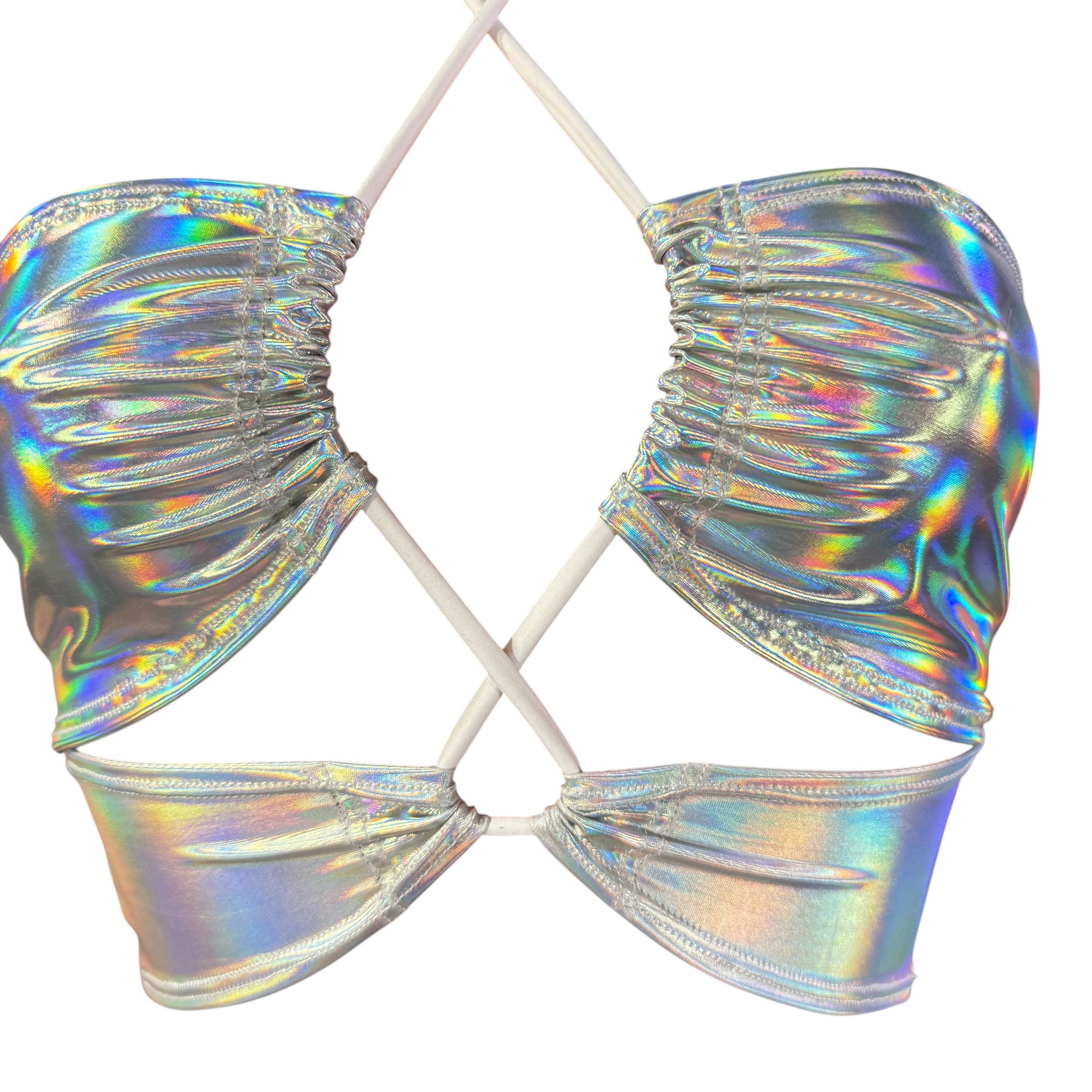 X-string Halter Top in Opal Iridescent Reflective - Rave Wear, Festival ...