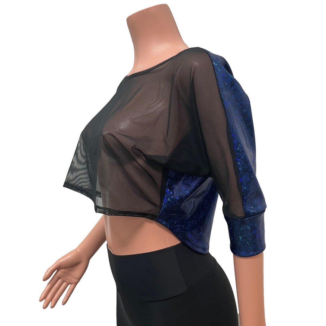 Dolman Crop Top in Black Mesh and Blue Holographic Shattered Glass ...