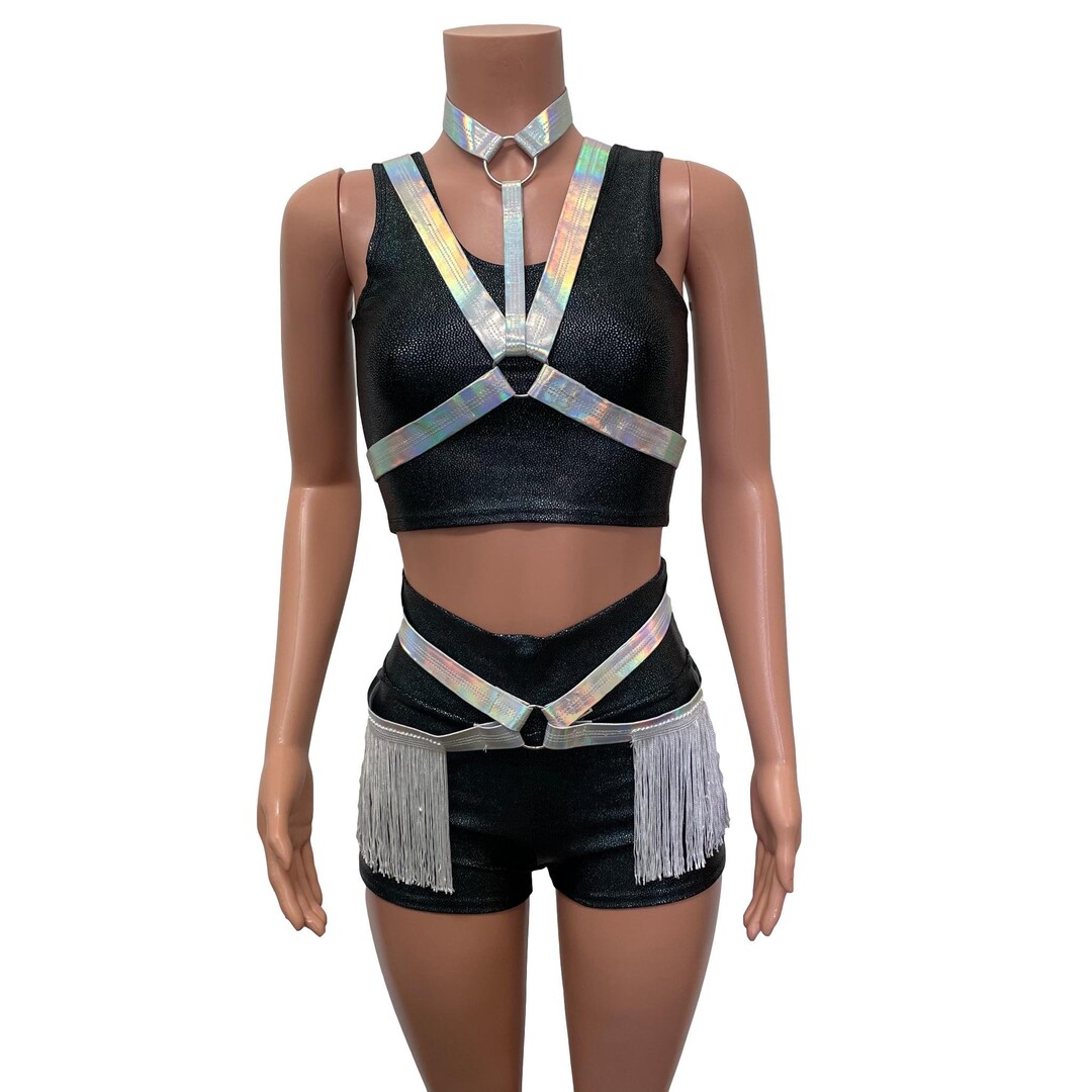 Fringe Harness Set in Opal Holographic | Cage Bra Rave Body Harness ...