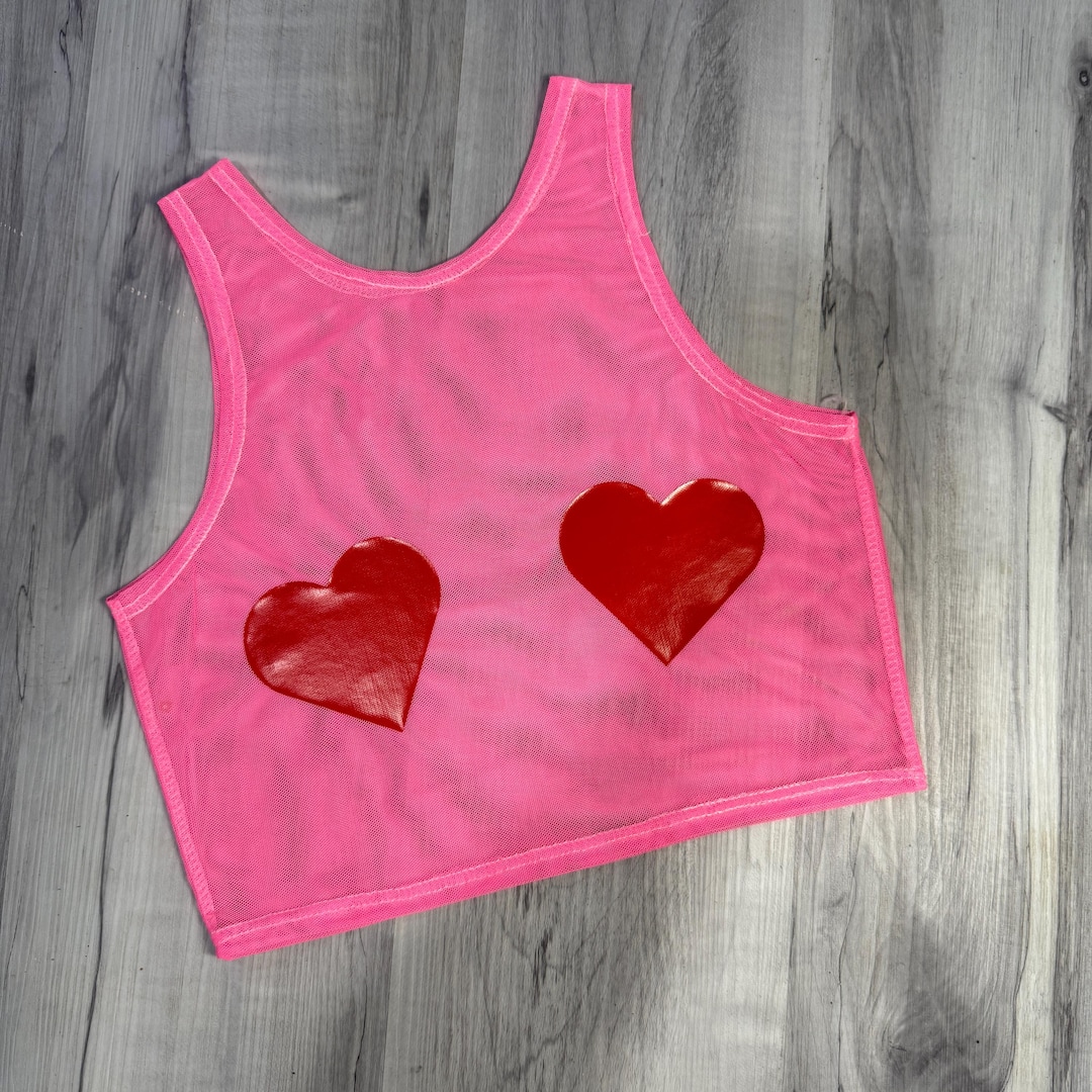 Sheer Top - Pink W/hearts Mesh Crop Top in Valentine's Raves, Festivals ...