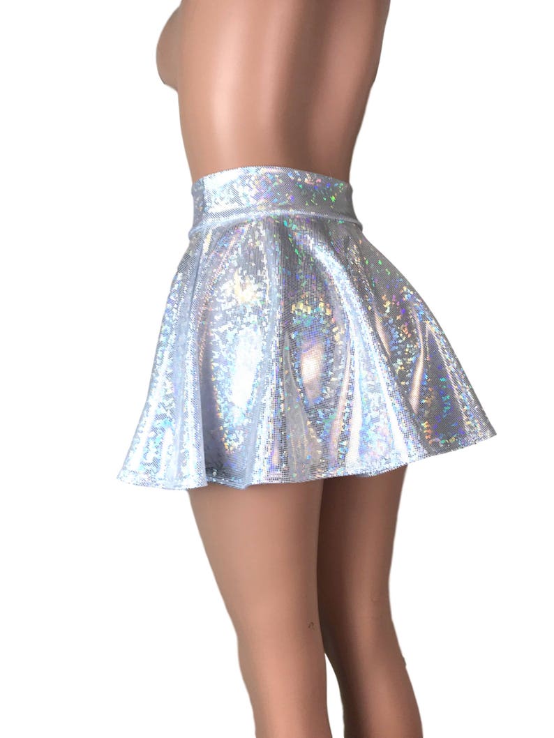 Holographic High Waisted Skater Skirt - Silver Shattered Glass Mini ...