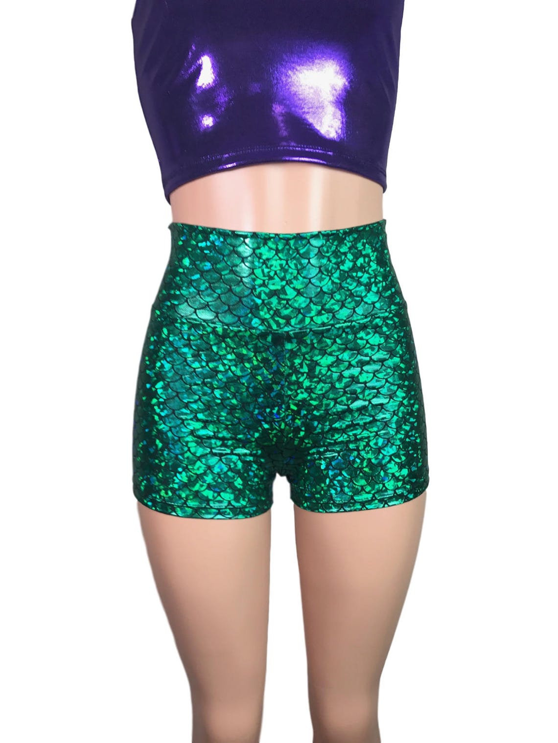 Mermaid Costume - Green Mermaid Scales Booty Shorts and Purple Crop Top ...