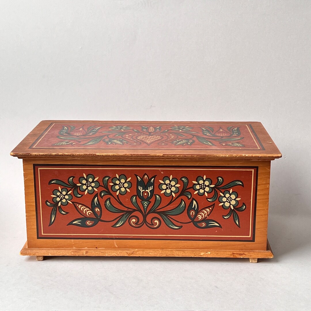 Vintage Swiss Folk Art Box Lidded Rectangle Solid Wood Recipe Storage ...