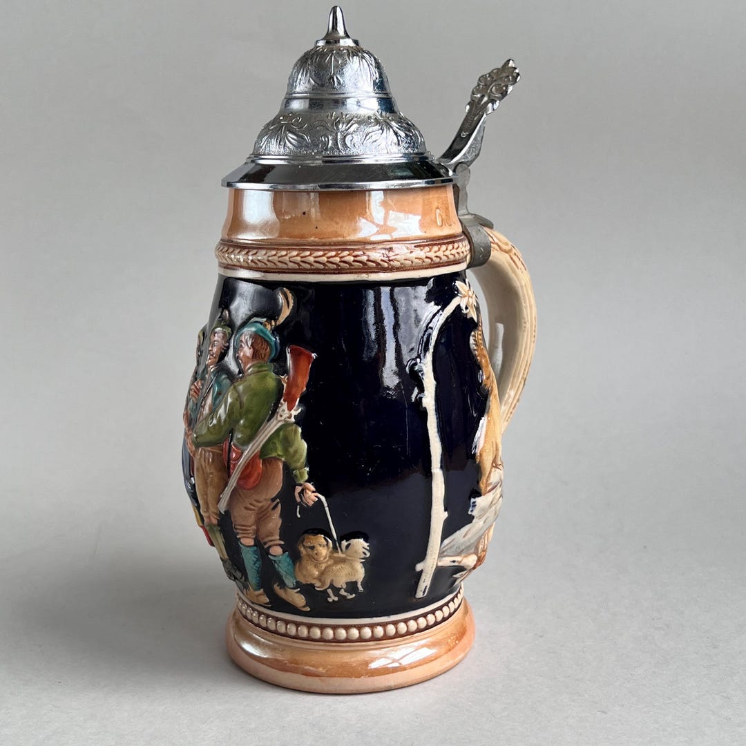 Vintage German Beer Stoneware Stein With Pewter Lid Embossed Rural ...