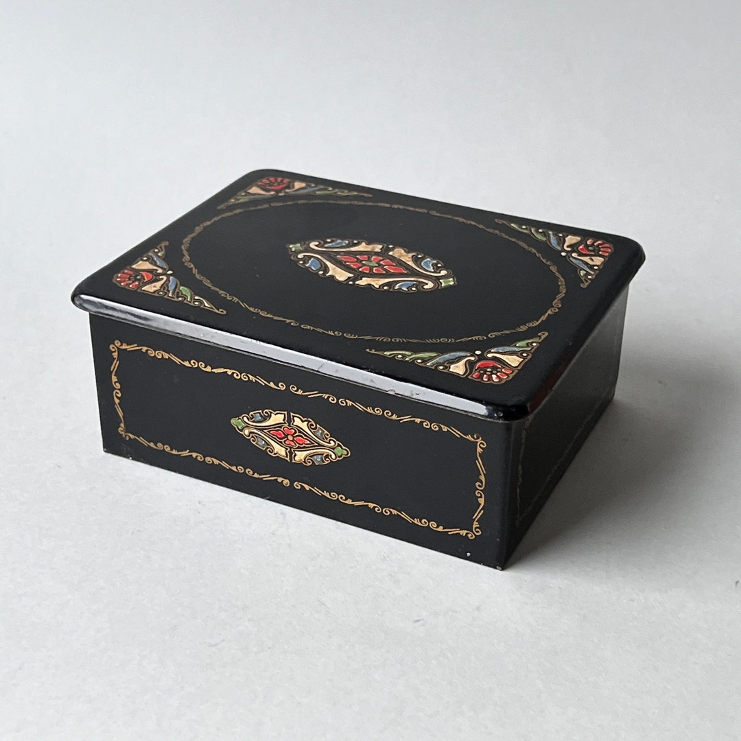Rare Enamel Decorated Metal Box With Wood Inside, Vintage Trinket Knick ...