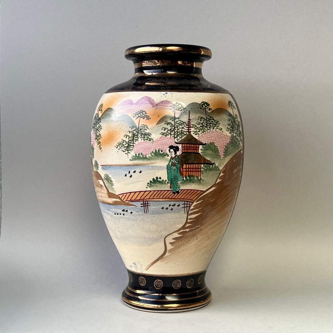 1930s Japanese Satsuma Art Vase From Meiji Era Signed, Beige and Cobalt ...