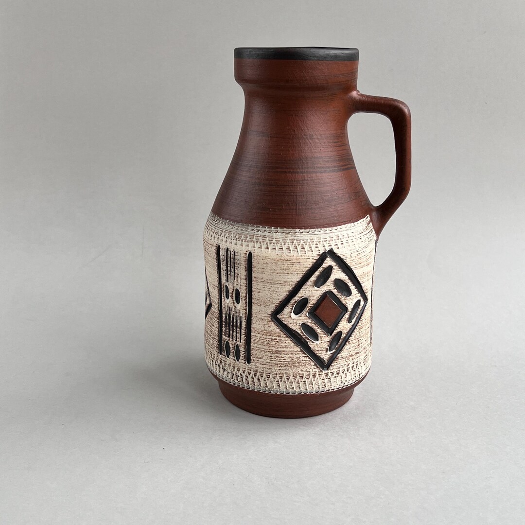 Vintage Sawa Mid Century Brown Beige Vase With Sgrafitto Decor, West ...