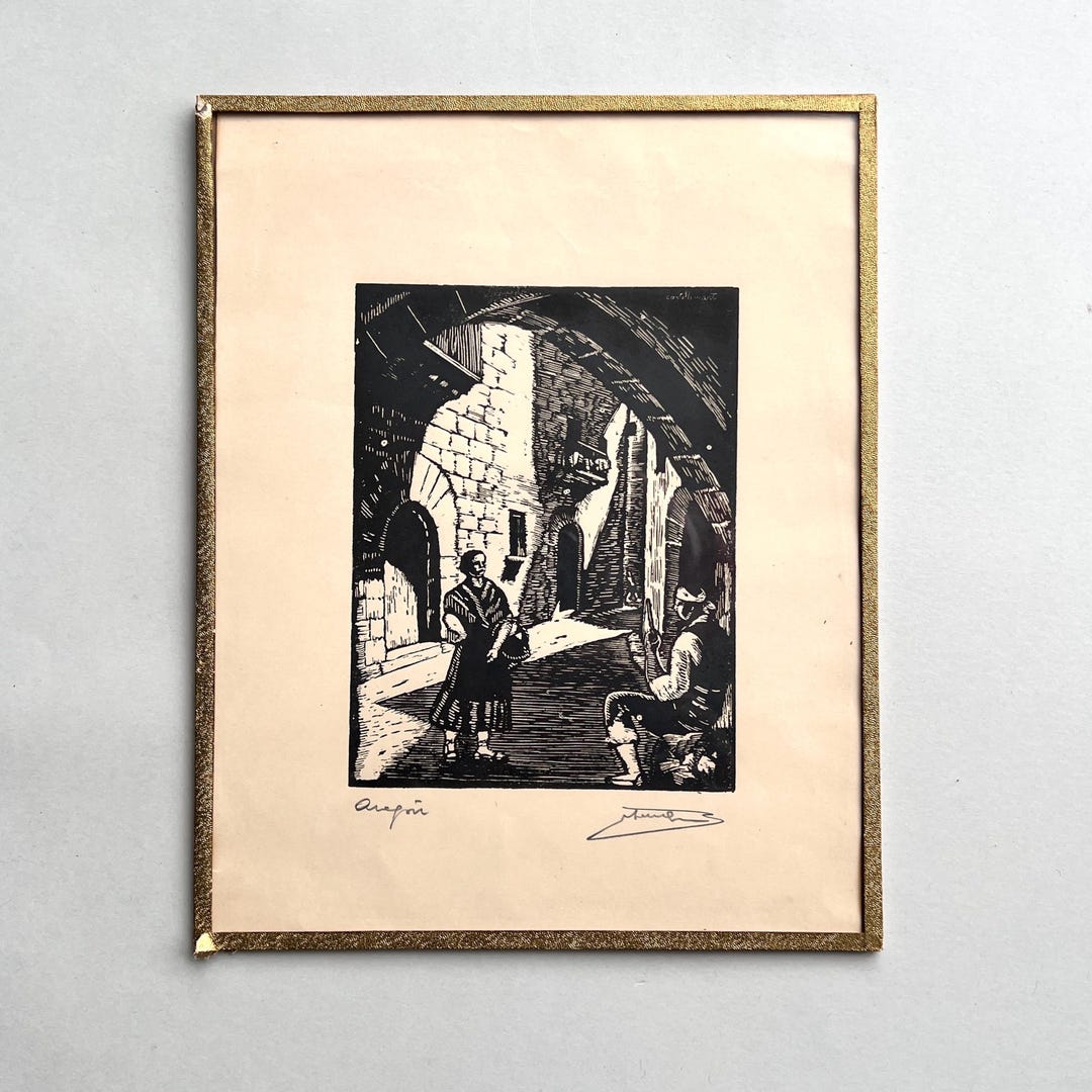 Vintage Spanish Wood Cut Print Village Scene by Juan Castells Marti ...