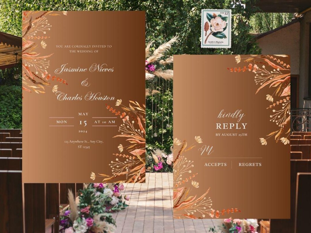 Rustic Flower Brown Wedding Invitation and RSVP Editable With CANVA ...